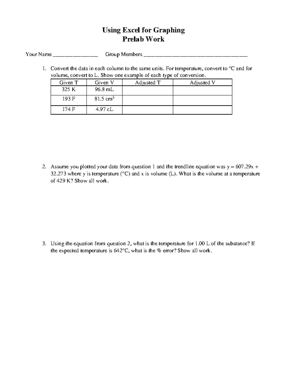 Using Excel For Graphing Prelab Work Using Excel For Graphing Prelab