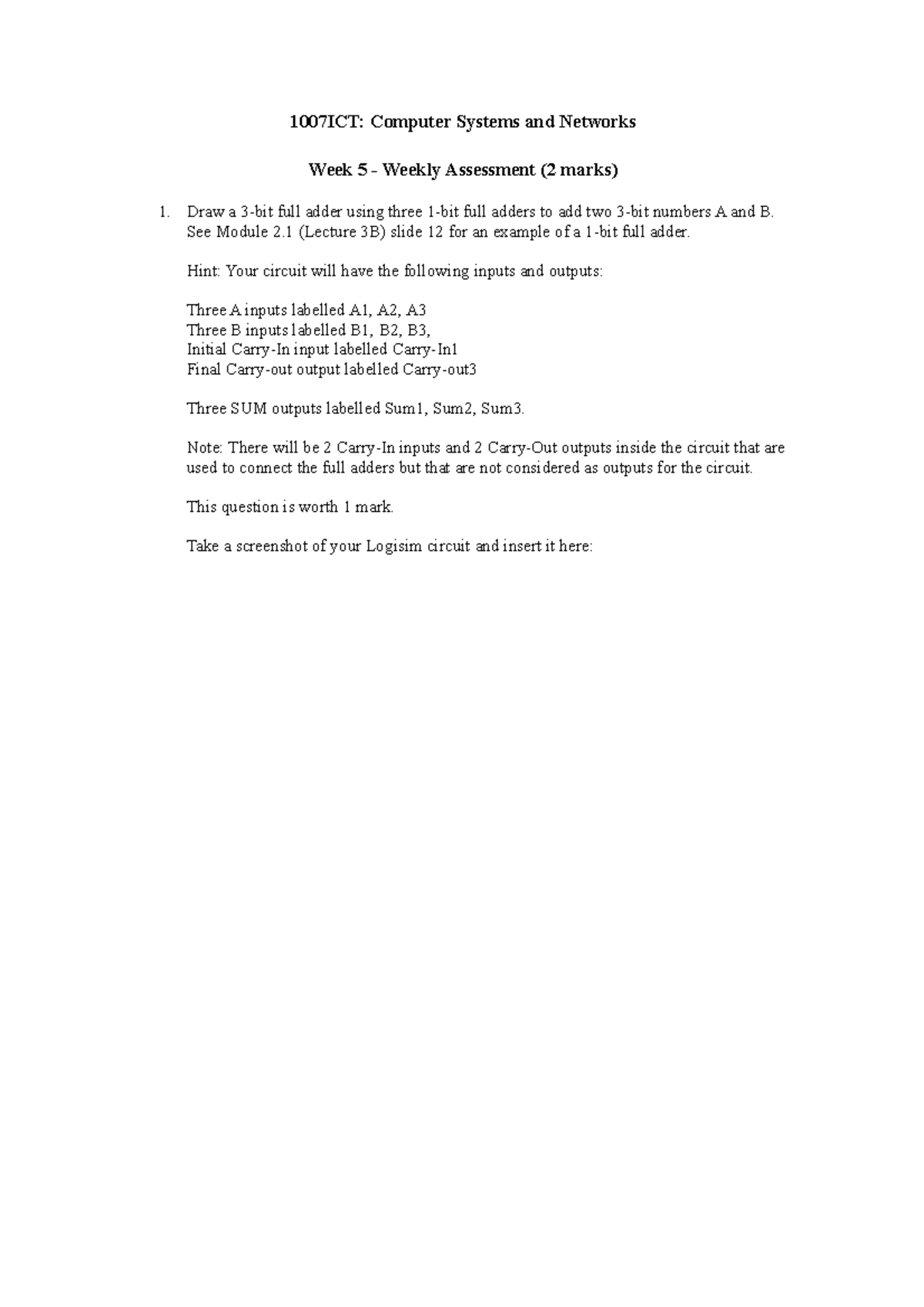 1007 ICT 3.1 Week 5 Weekly Assessment - 1007ICT: Computer Systems and Networks Week 5 - Weekly ...