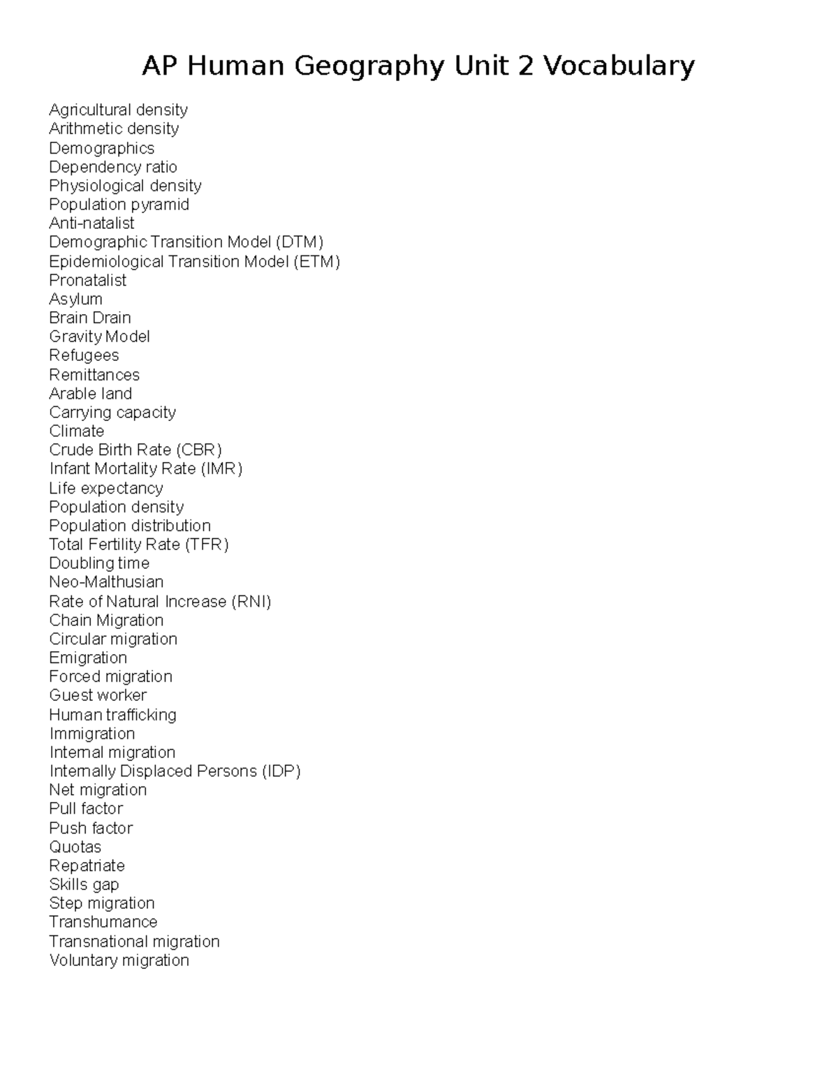 AP Human Geography Unit 2 Vocabulary Study Guide - AP Human Geography ...