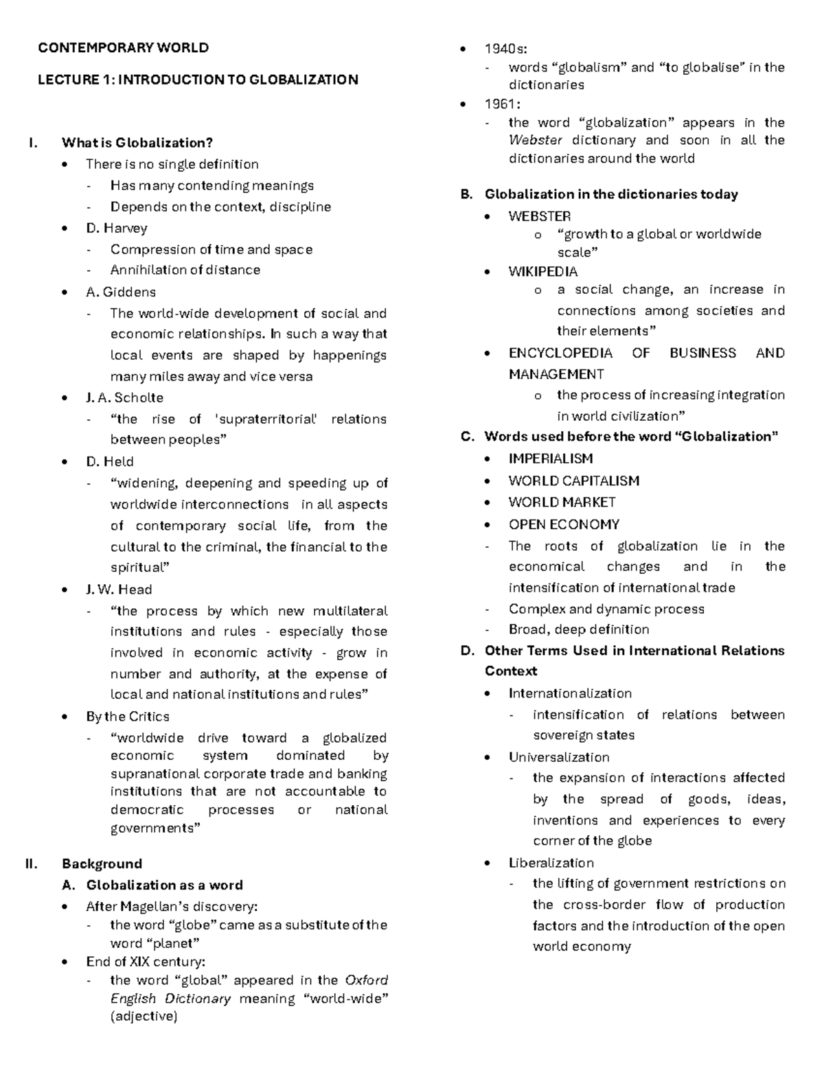 Contemporary World Lecture 1: Understanding Globalization Concepts - Studocu