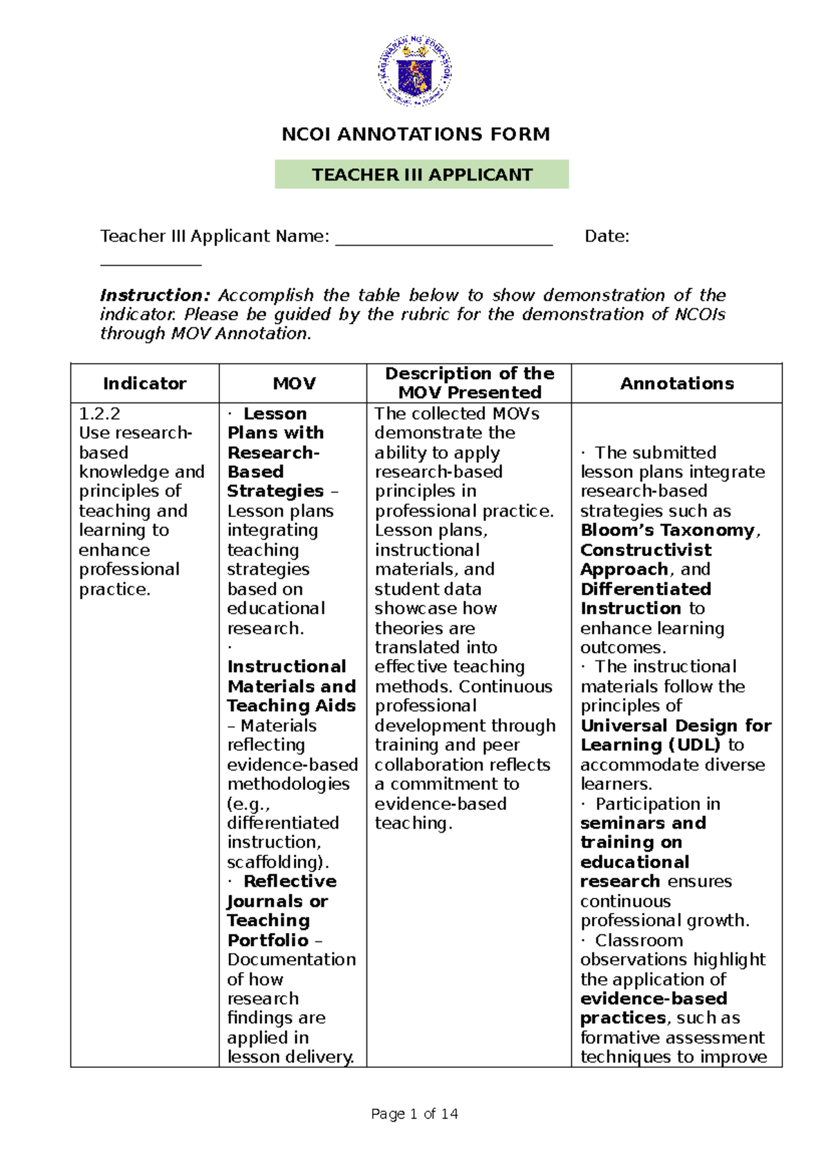 NCOI Teacher III Applicant MOV Annotation Form for Evaluation - Studocu