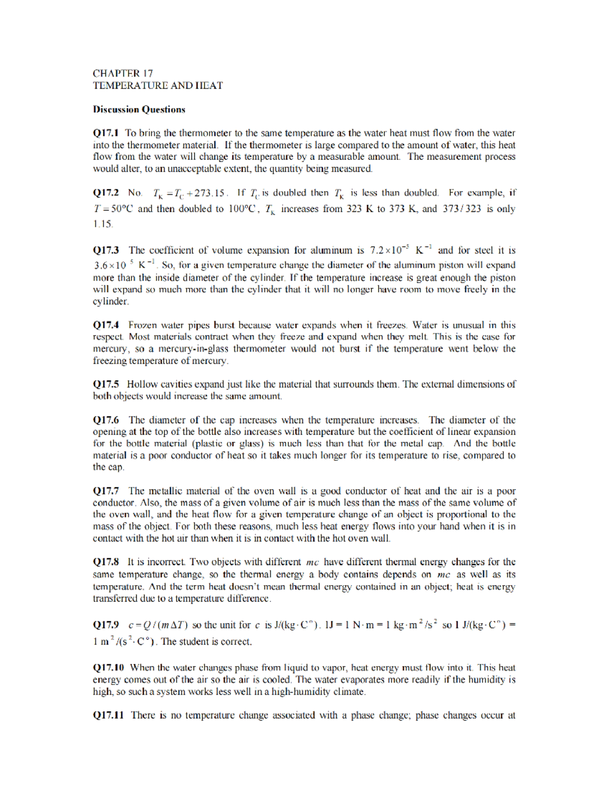 CHAPTER 17 TEMPERATURE AND HEAT Discussion Questions Solutions - Studocu