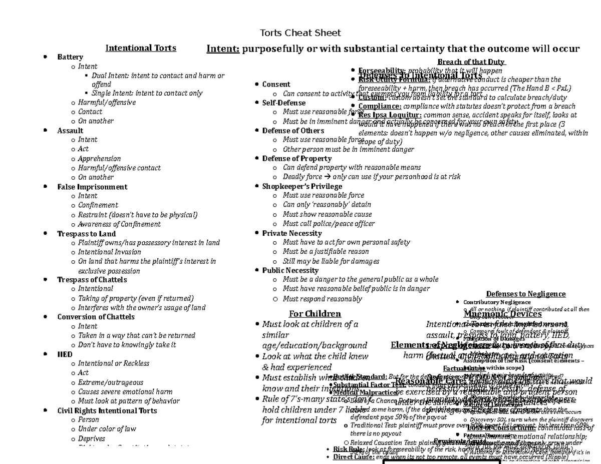 Torts Cheat Sheet (Law 101): Intentional Torts & Defenses Overview ...