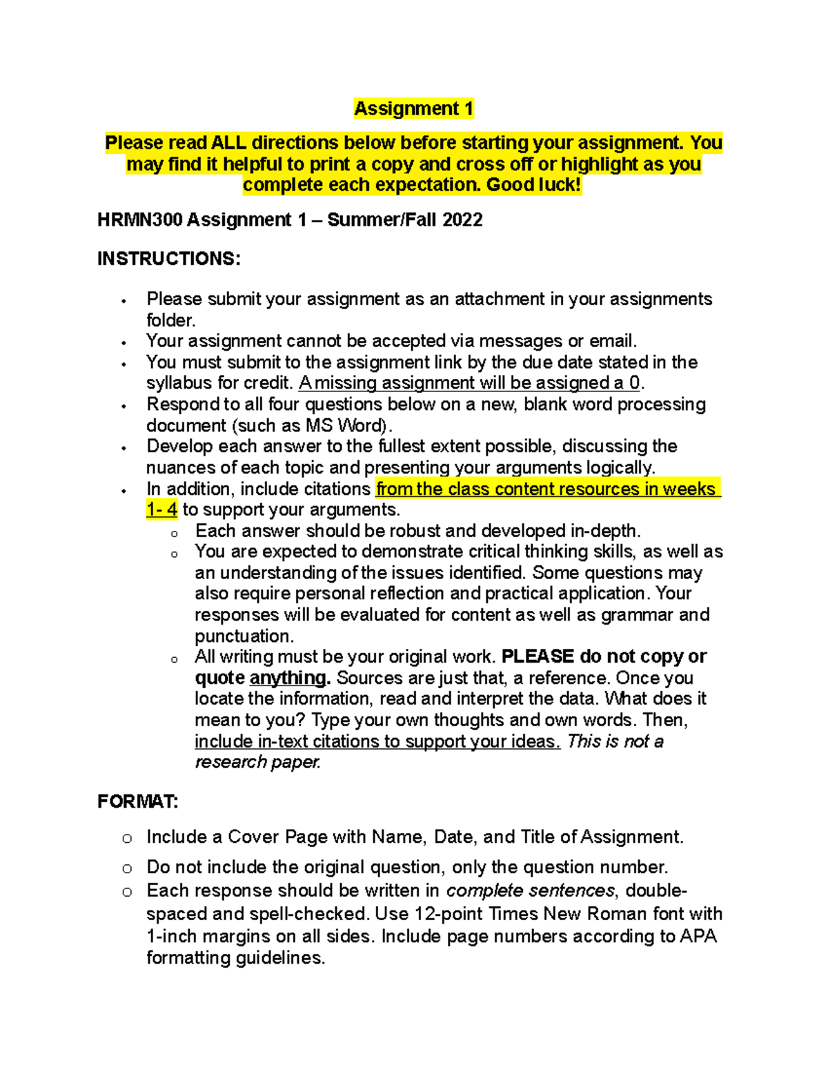 HRMN 300 Assignment 1 Instructions Summer Fall 2022 - Assignment 1 ... HRMN 300 Assignment 1 Instructions Summer Fall 2022 - Assignment 1 ...