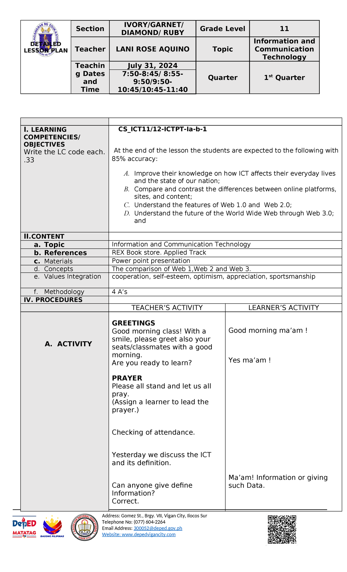 Detailed Lesson Plan on ICT: Grade 11 - July 31, 2024 - Studocu