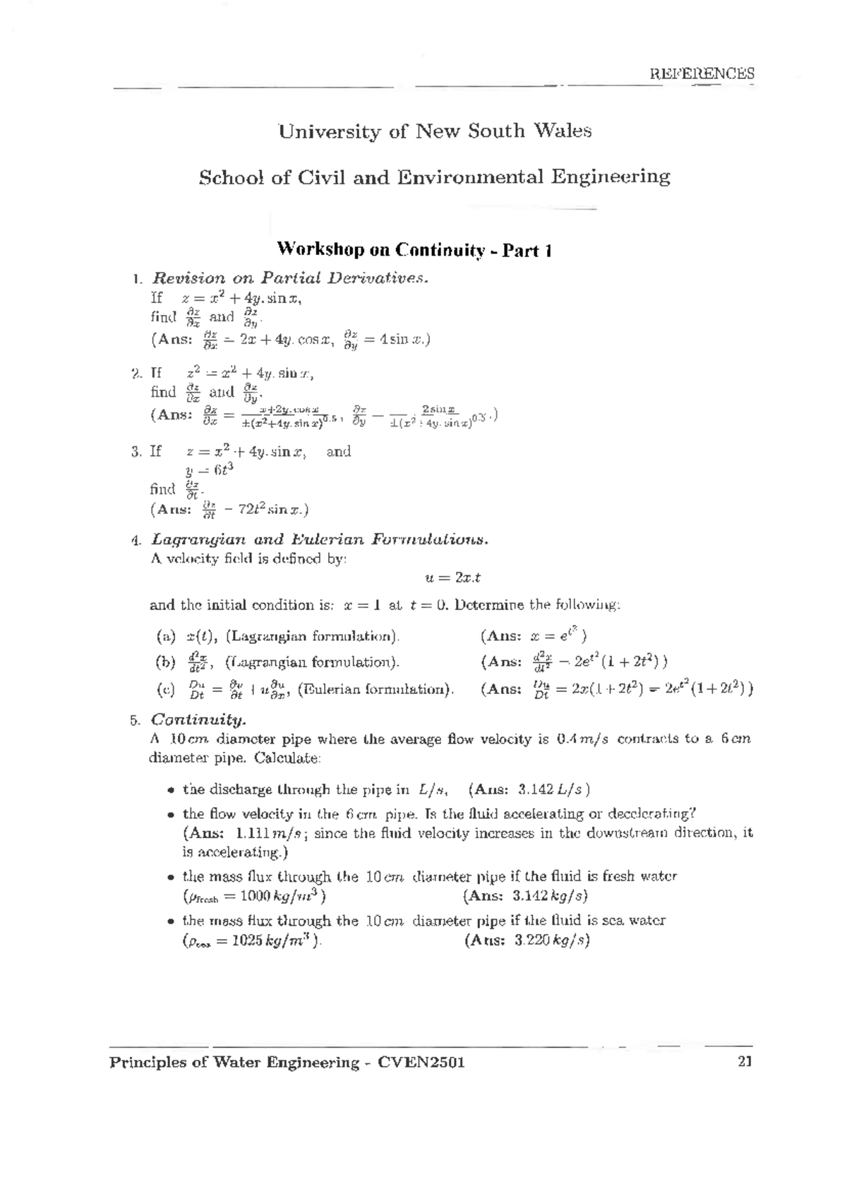 Principles of Water Engineering CVEN2501: Intro to Continuity Questions ...