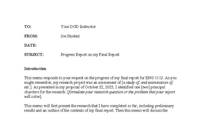 ENG Progress Report on Final Research Project by Joe Student - Studocu