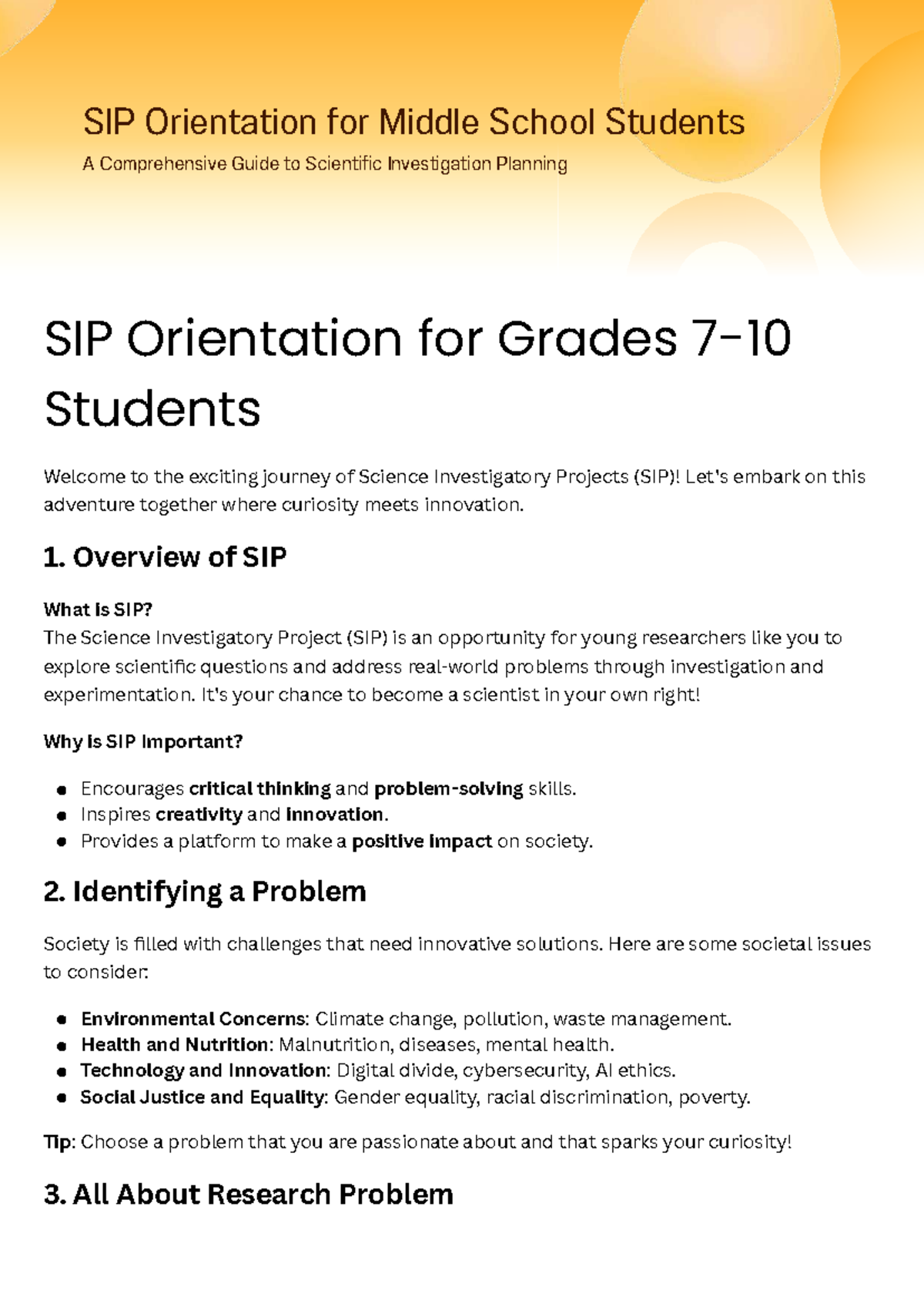 SIP Orientation Guide for Grades 7-10: Exploring Scientific ...