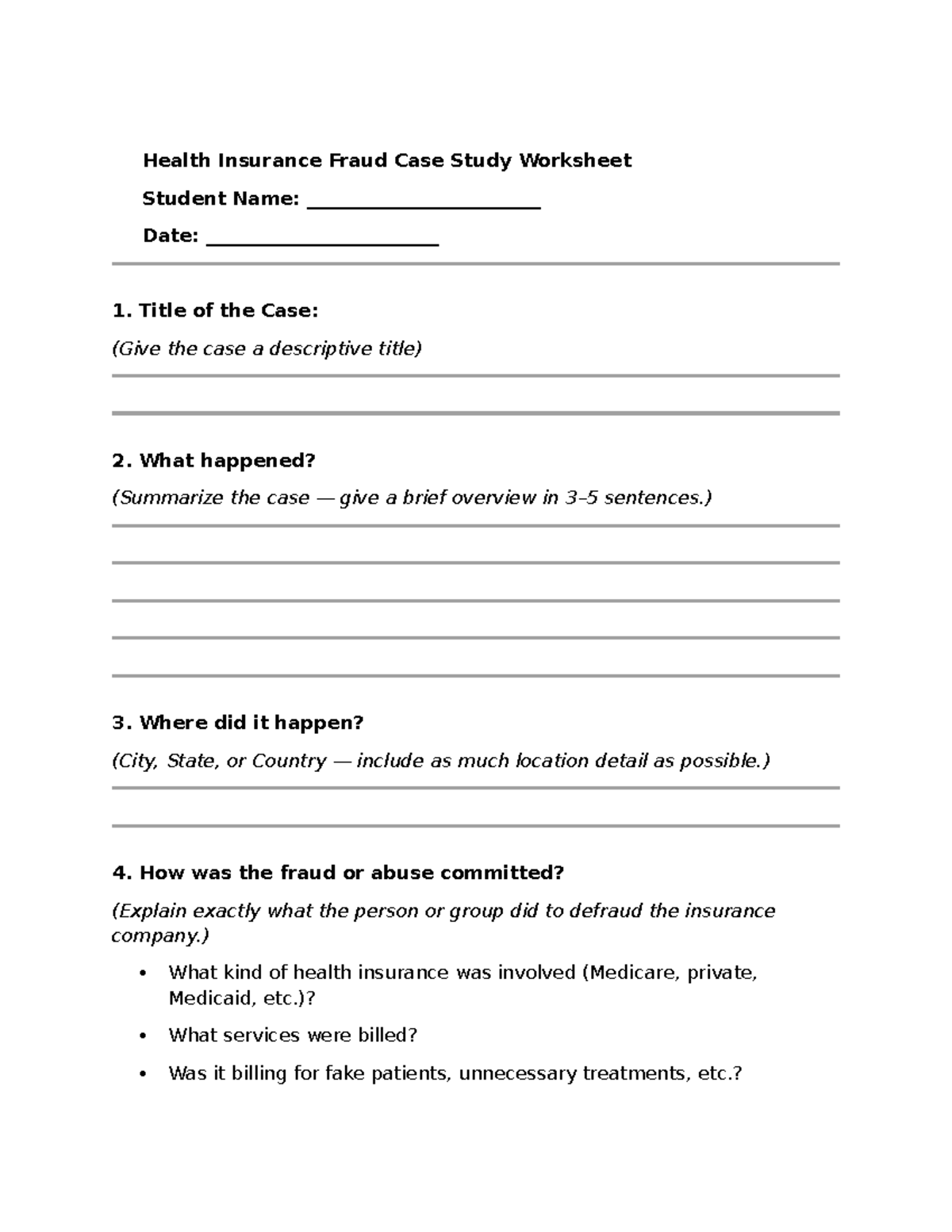Health Insurance Fraud Case Study Worksheet - Studocu