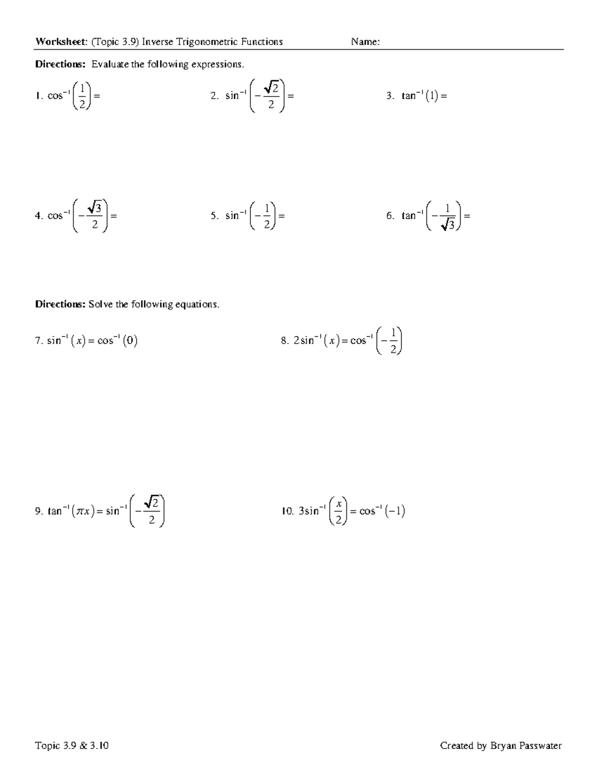 WS+Topic+3 - Inverse Trigonometric Functions Worksheet - AP Precal ...
