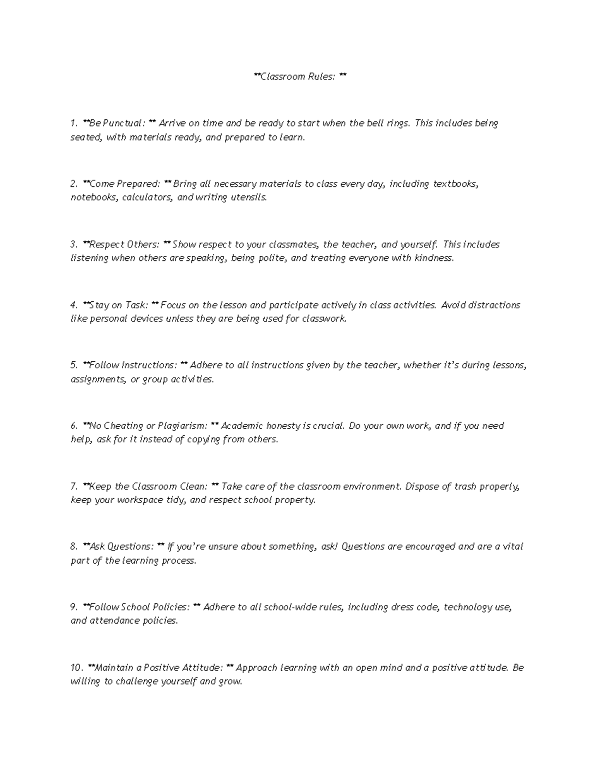 Classroom Rules and Expectations - **Classroom Rules: ** **Be Punctual ...