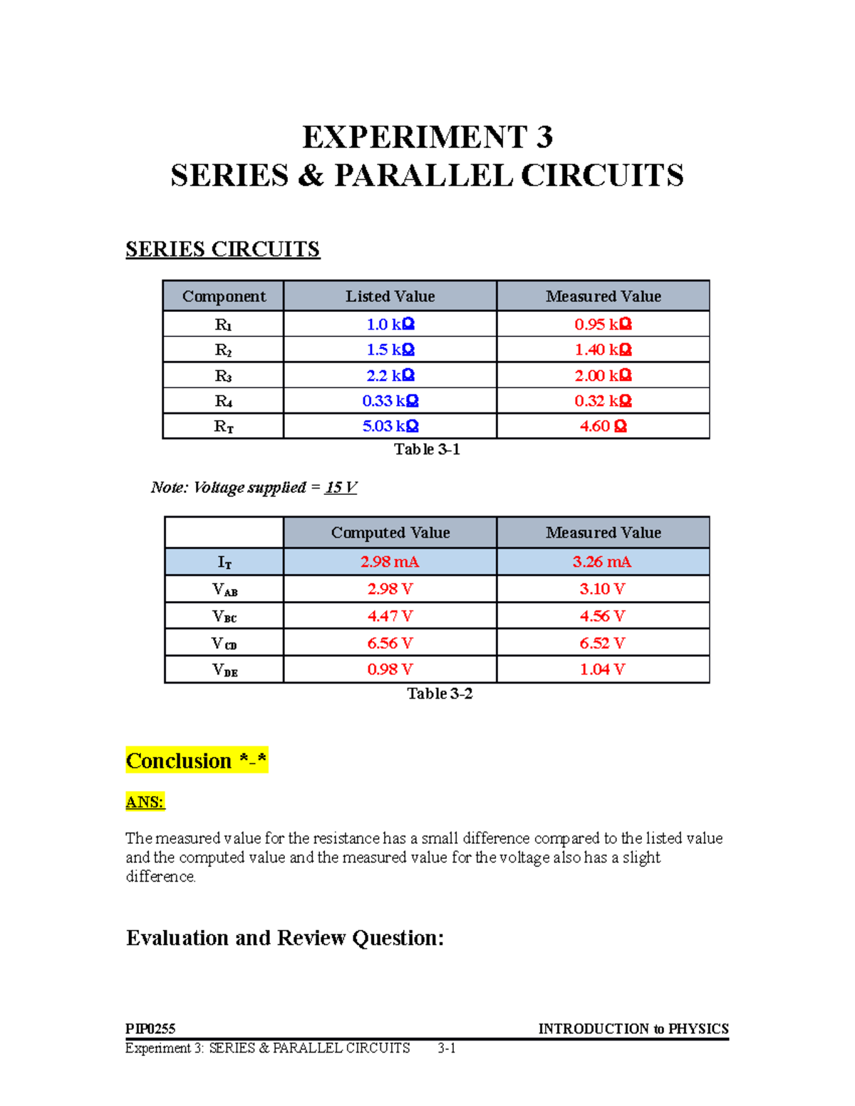 Experiment 3 Report: Series & Parallel Circuits (PIP0255) - Studocu