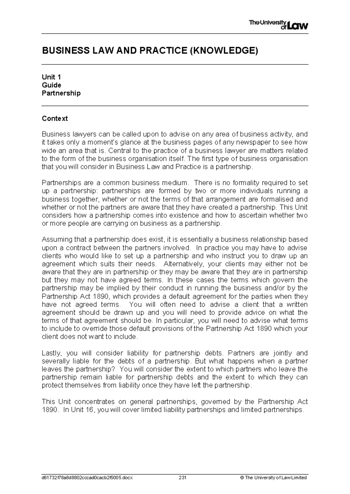 BUSINESS LAW AND PRACTICE (KNOWLEDGE) Unit 1: Partnership Overview ...