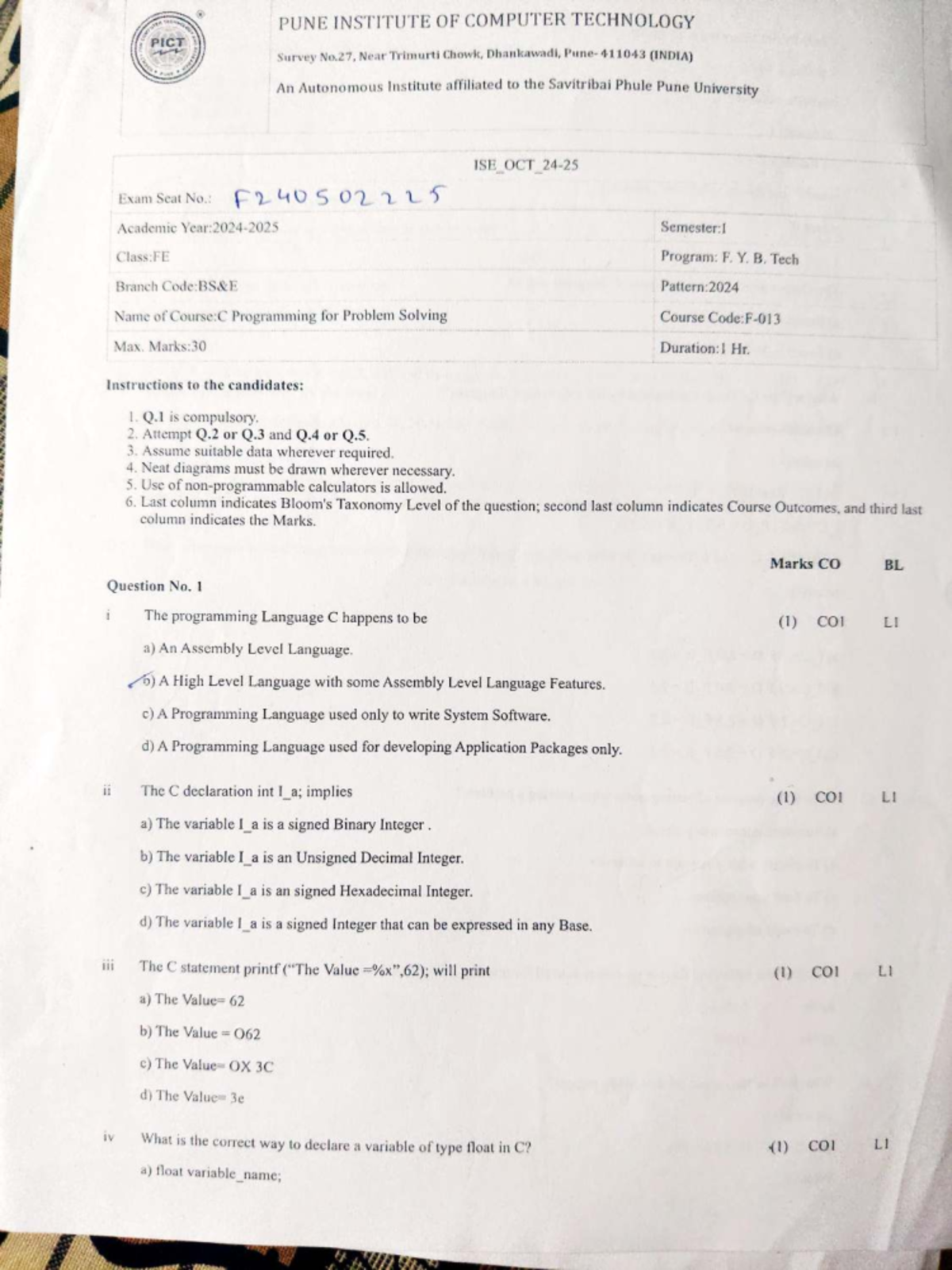 CPPS 2024: C Programming for Problem Solving - Sem Exam QP - Studocu