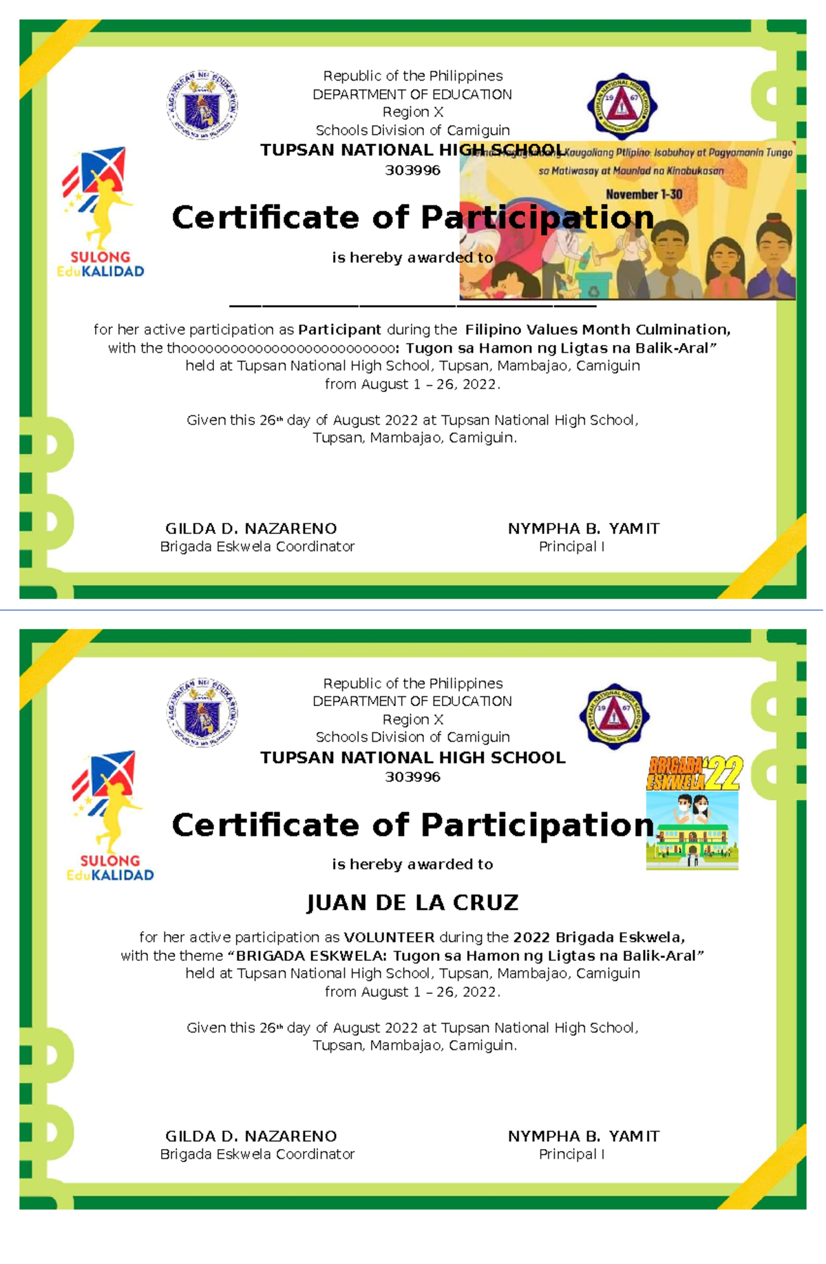 612110030 Dep Ed Brigada Eskwela Certificate Template - Studocu