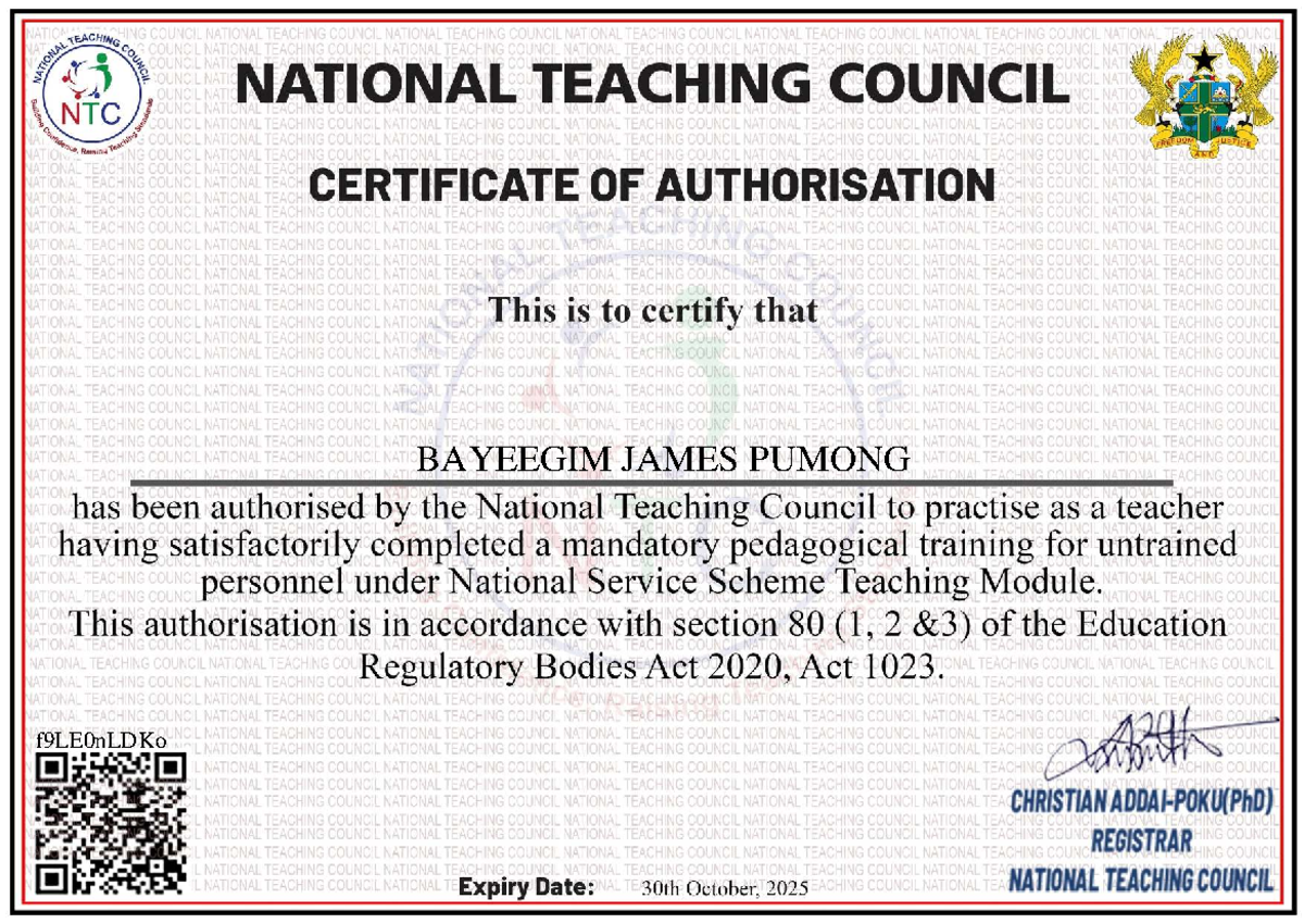 NTC certificate of authorisation for teaching in Ghana - Studocu