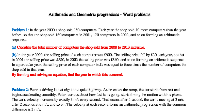 Arithmetic and Geometric Progressions: Word Problems Solutions - Studocu
