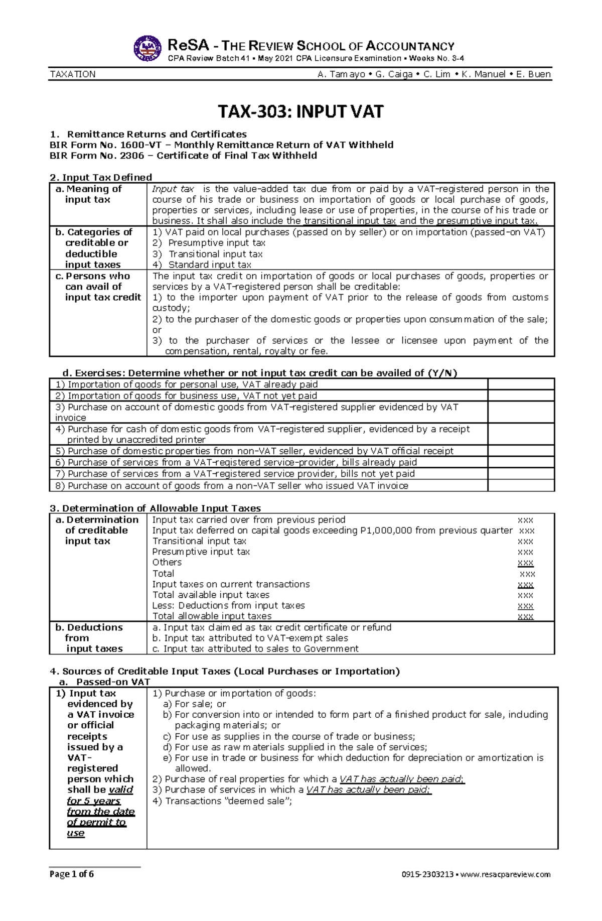 TAX-303: Comprehensive Review on Input VAT for CPA Exam Preparation ...