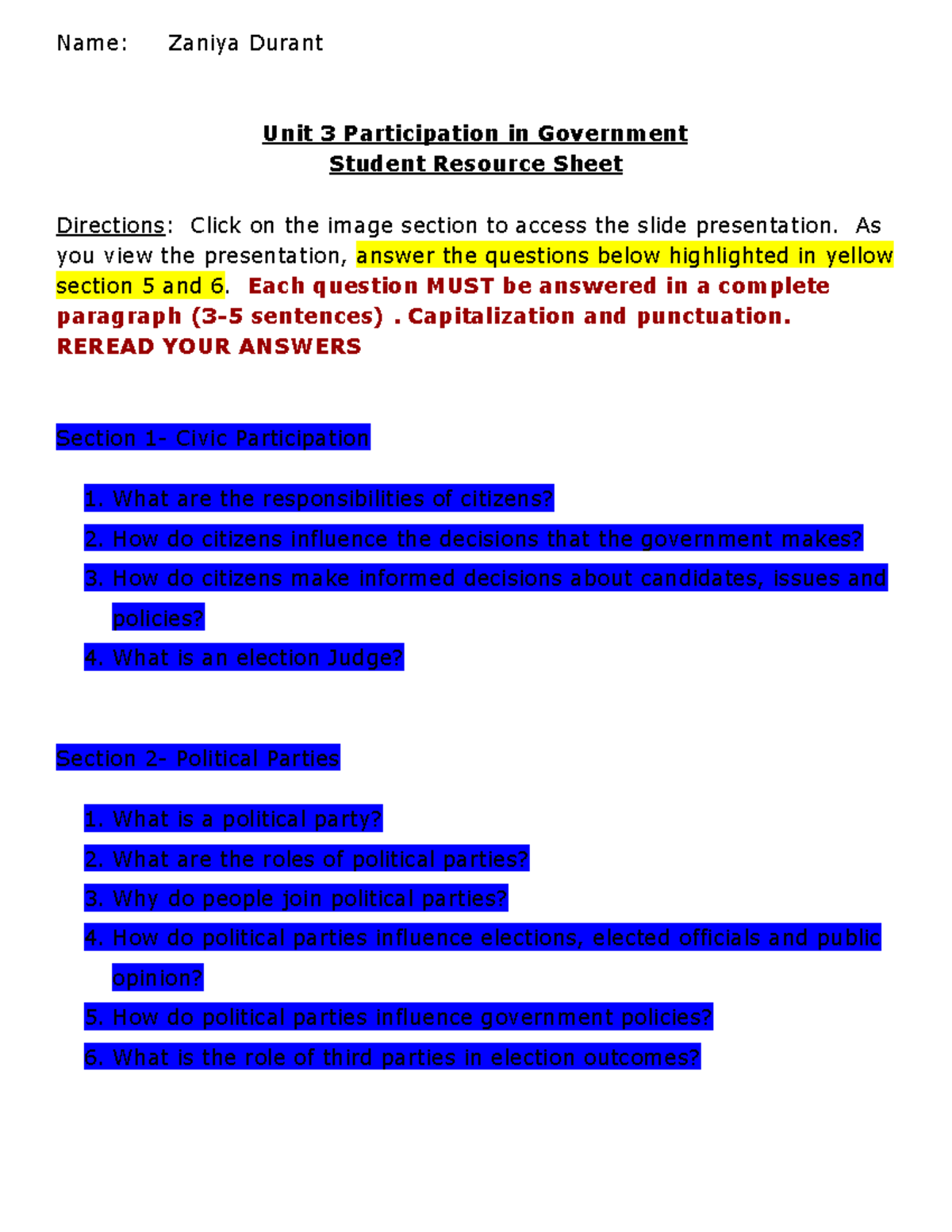 - Students Unit 3 Participation in Government SRS - Name: Zaniya Durant ...