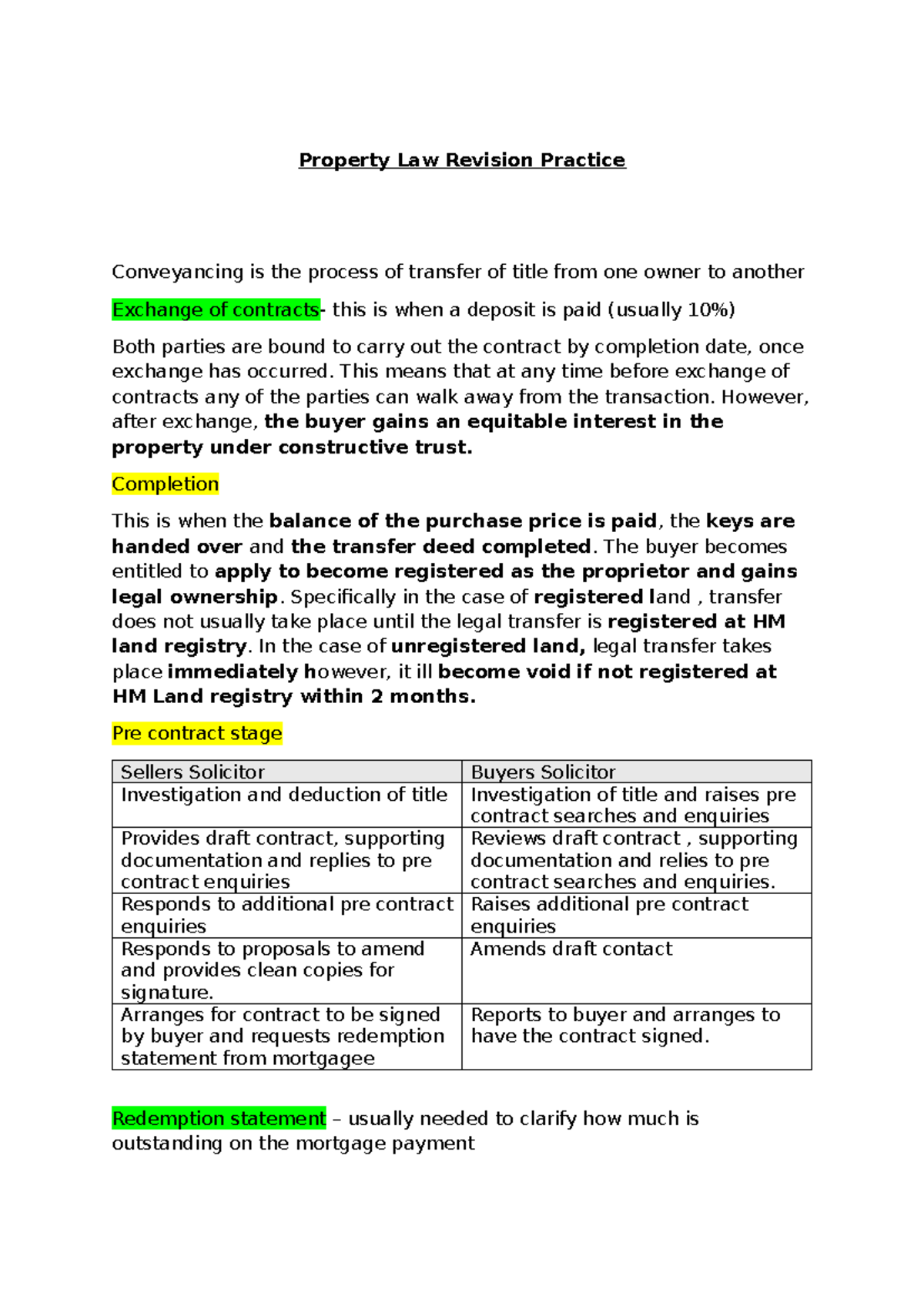 Property Law Revision Notes: Conveyancing & Title Transfer - Studocu