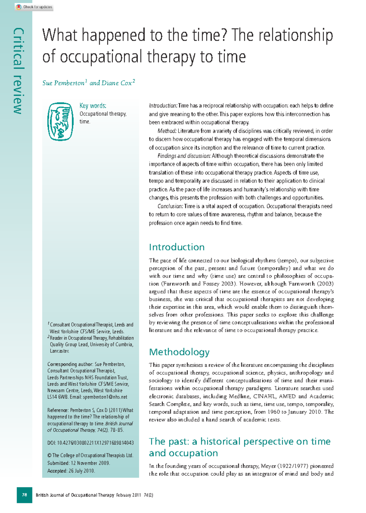OT 101: The Interconnection of Time and Occupation in Therapy - Studocu