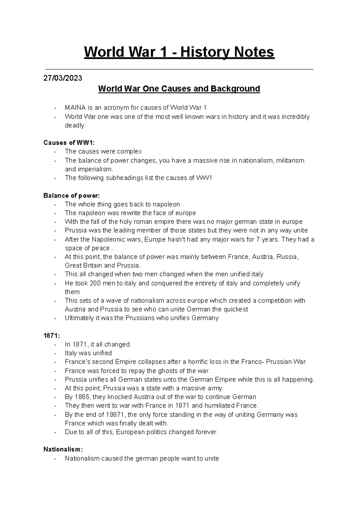 World War 1 History Notes: Causes, Nationalism, and Militarism Insights ...