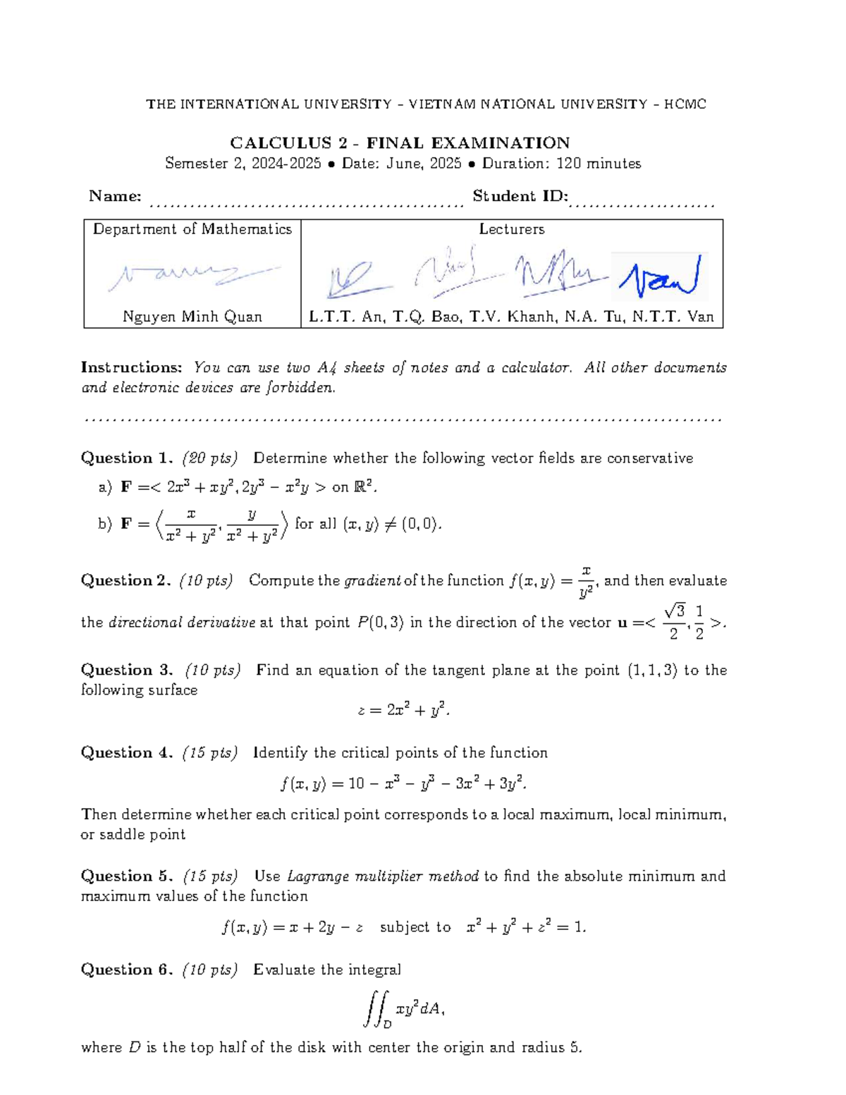 Calculus 2 (MATH202) Final Exam Paper - June 2025 - Studocu