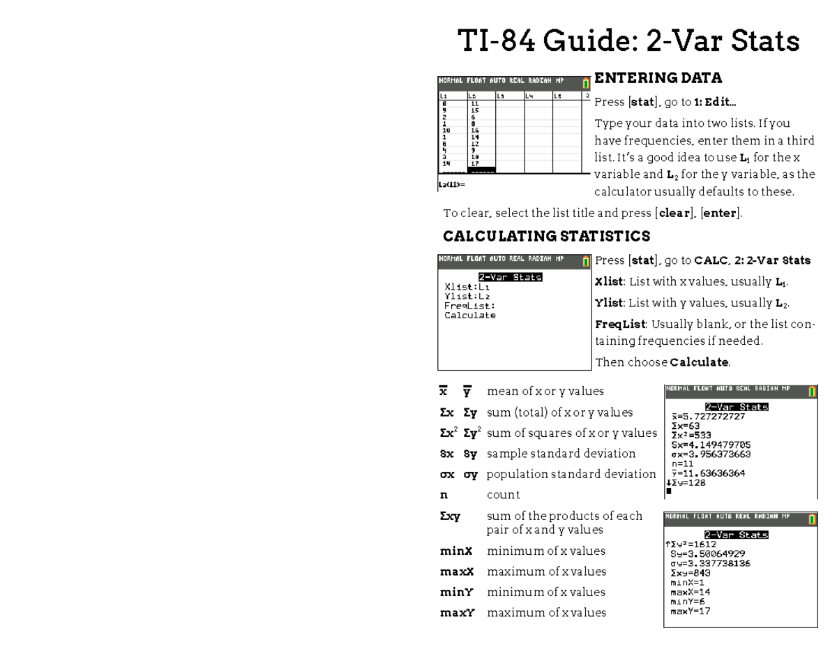 Calculator 2-var guide - TI-84 Guide: 2-Var Stats ENTERING DATA Press [stat], go to 1: Edit ...