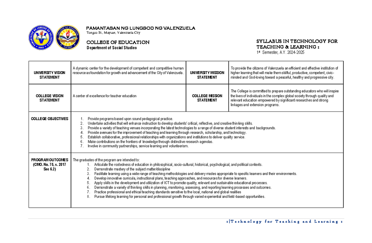 Course Syllabus in Technology for Teaching and Learning 1 - UNIVERSITY ...