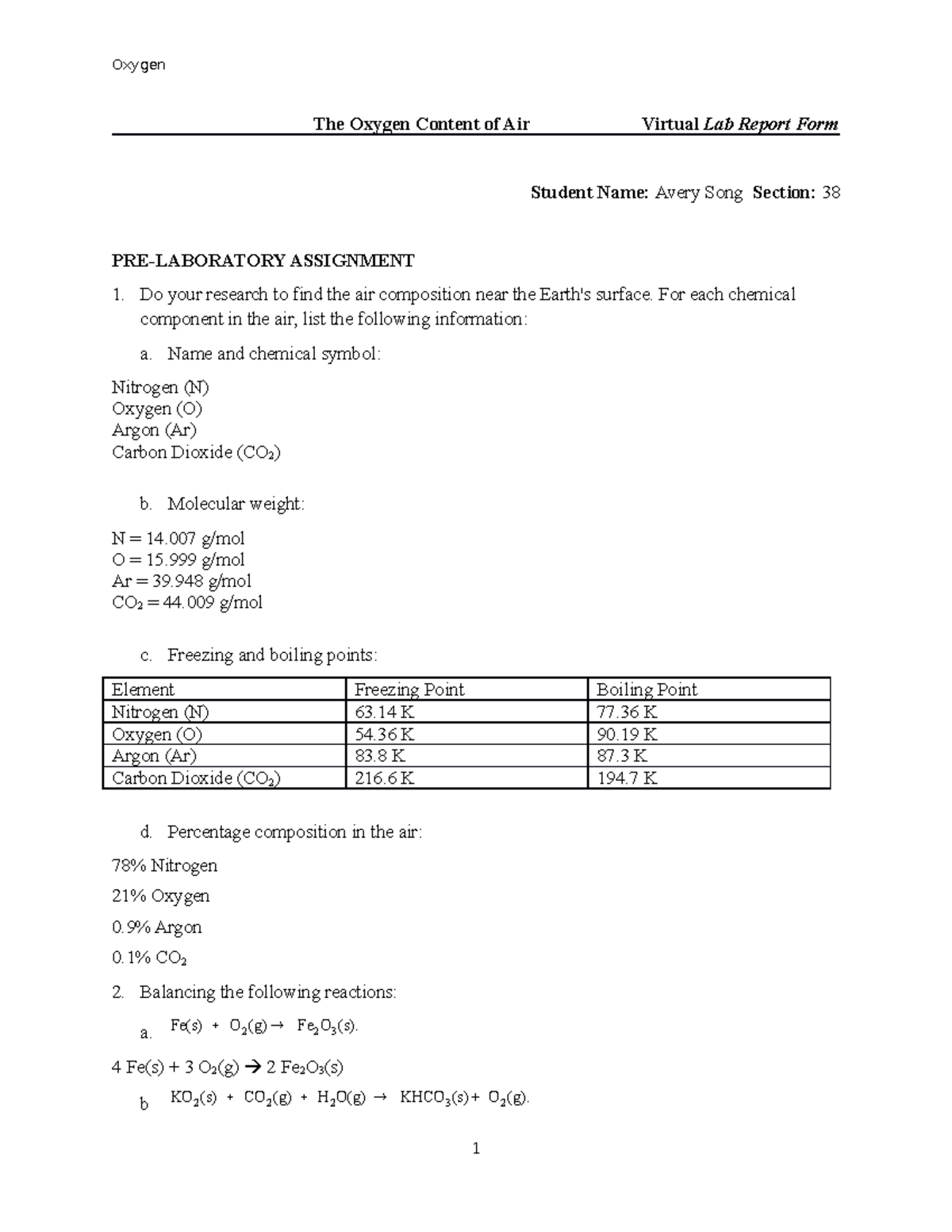 Lab 3 Report on Oxygen Content Measurement - Gen Chem 11100 UChicago ...