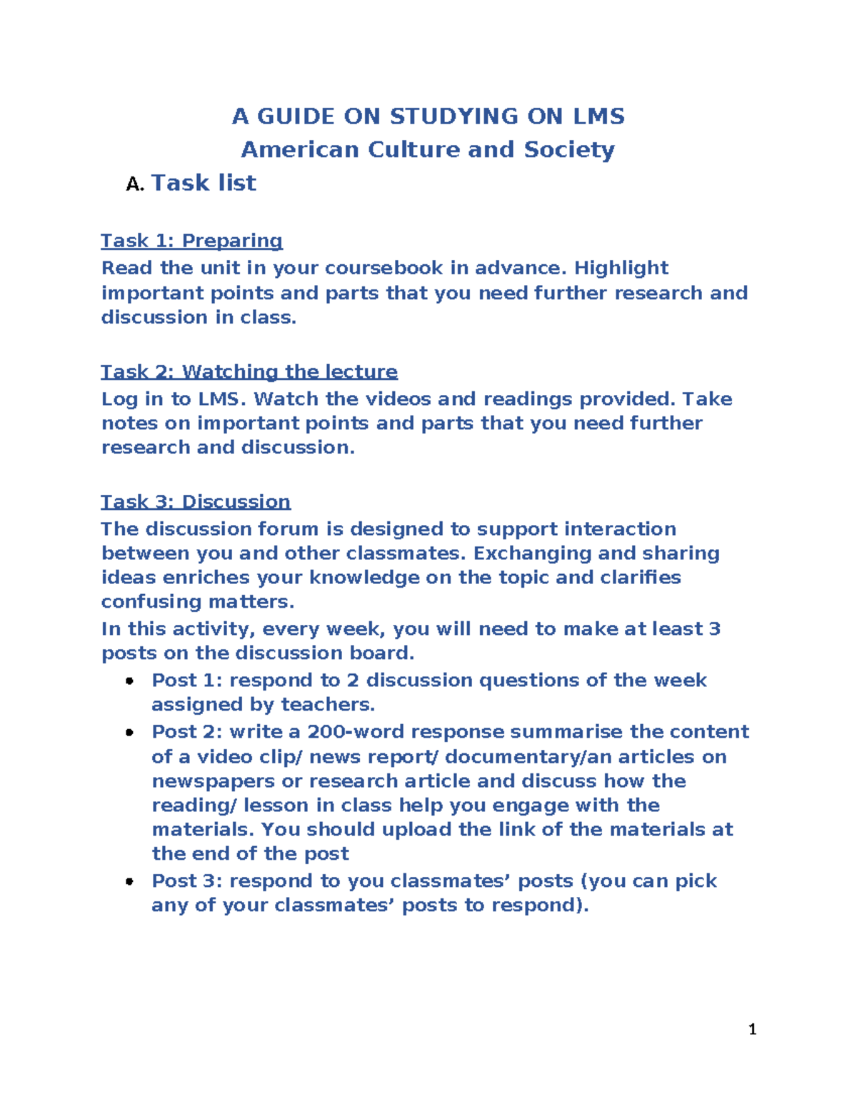 A GUIDE TO STUDYING ON LMS: American Culture & Society Tasks - Studocu