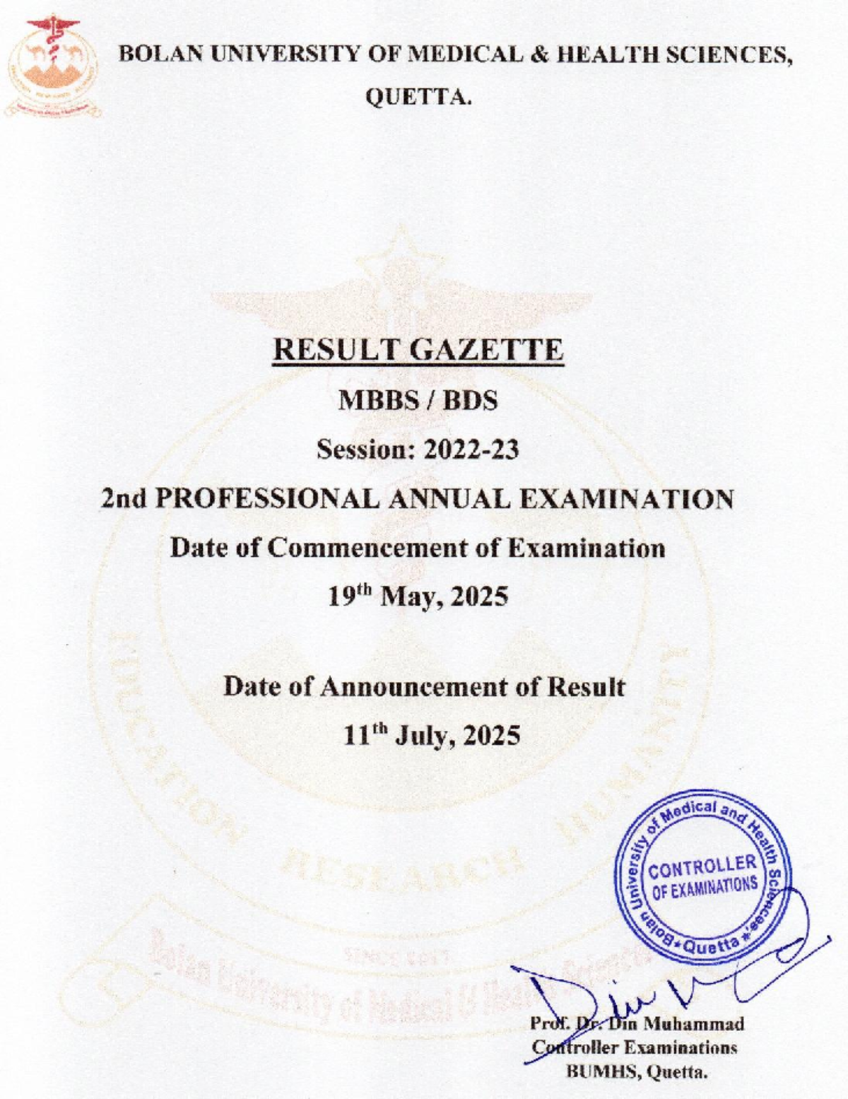 2nd Professional MBBS & BDS Result Gazette 2022-23 BUMHS - Studocu