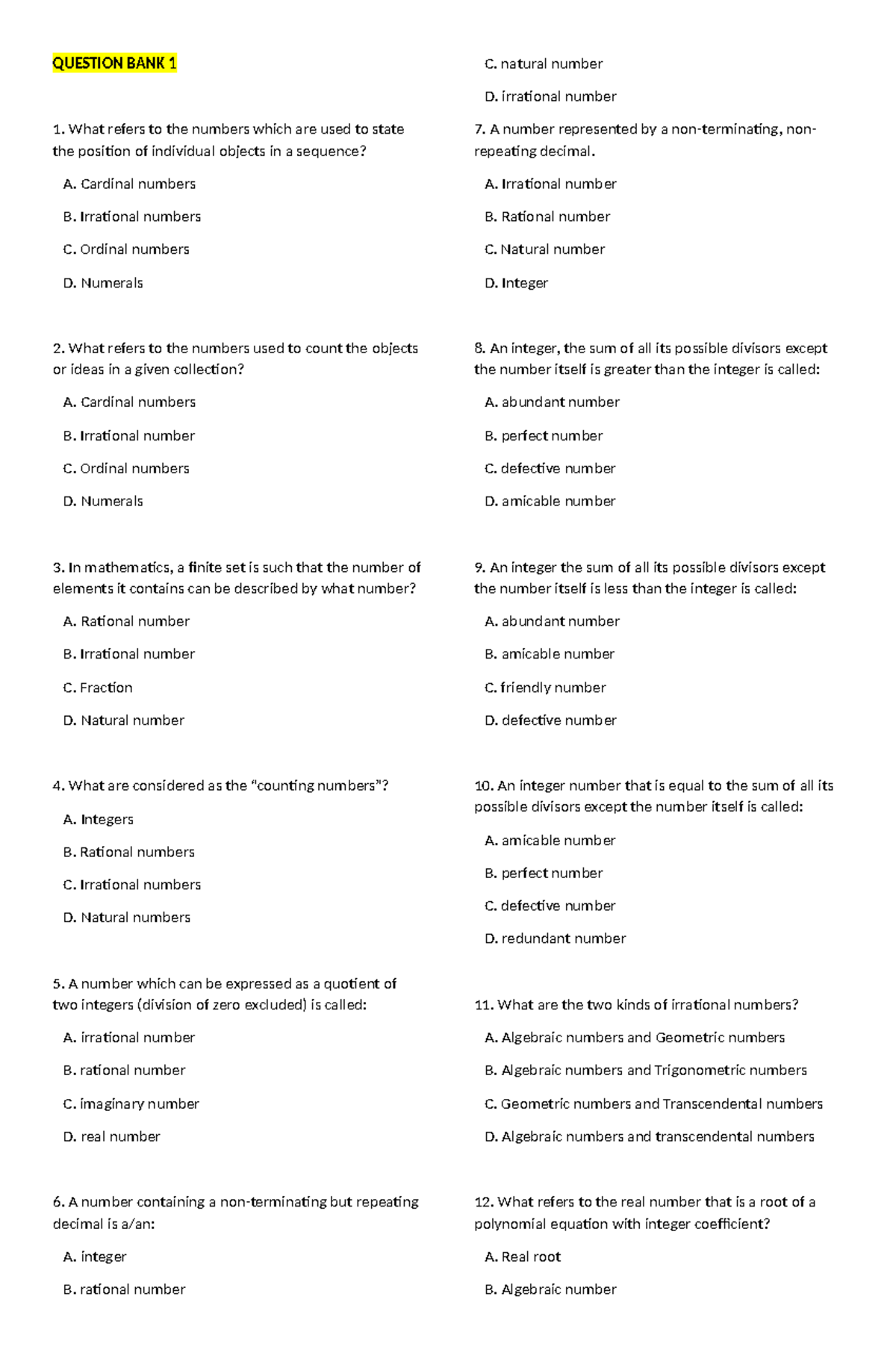 Engineering Mathematics Objective Type Questions (ENGMATH 101) - Studocu