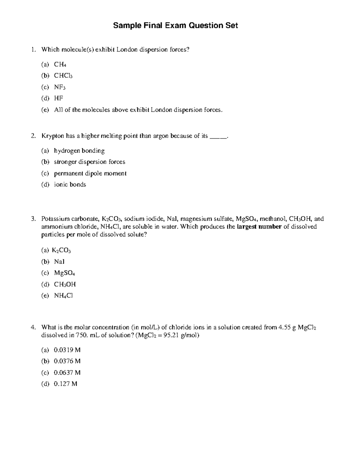 Sample Final Exam Questions for Chemistry (CHEM 101) - Sample Final ...