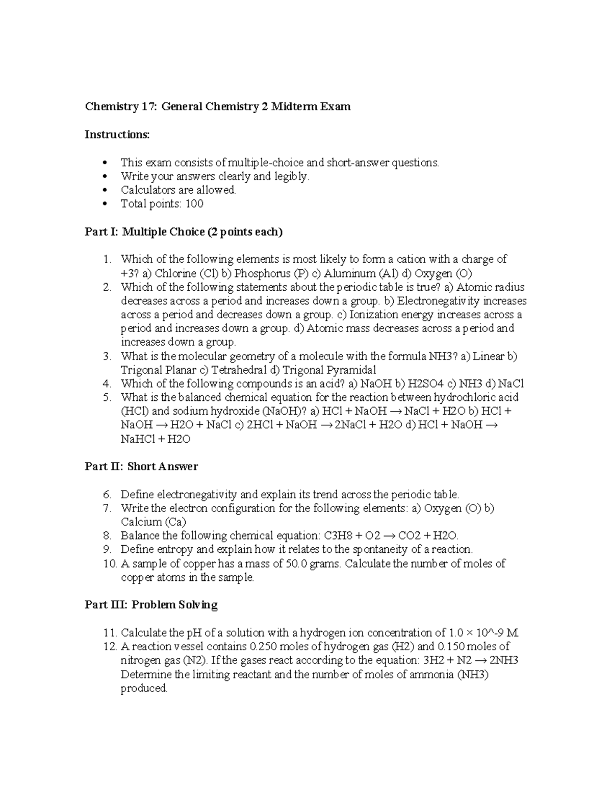 Chemistry 17: General Chemistry 2 Midterm Exam Guide and Instructions ...