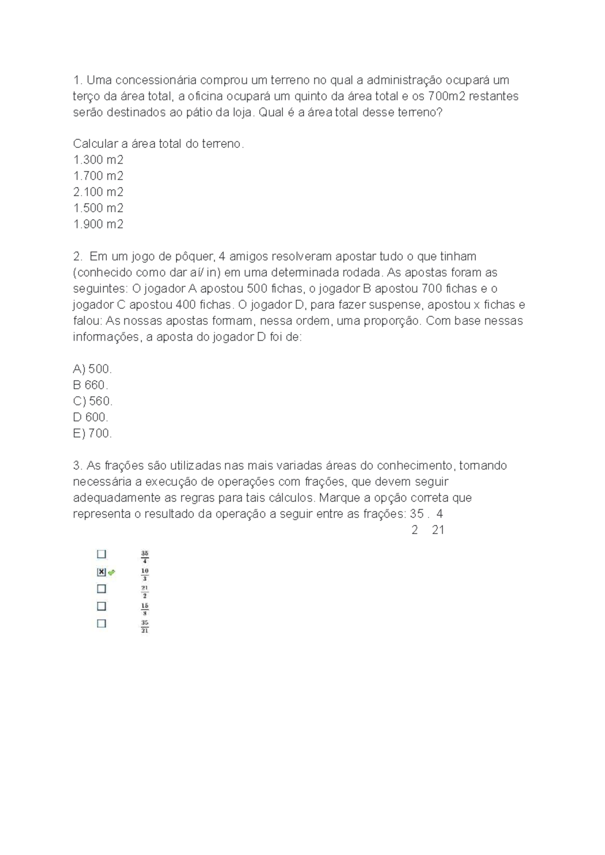 Prova Matemática - AV Matemática para Farmácia: Cálculos e Frações ...