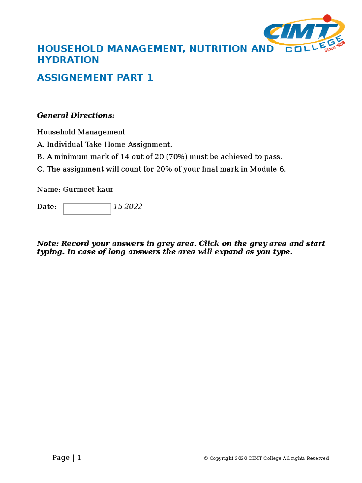 Household Management & Nutrition Hydration Assignment Part 1 Guide ...