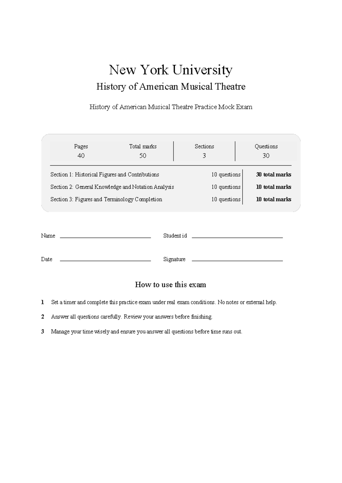 NYU MUS 101: History of American Musical Theatre Mock Exam - Studocu