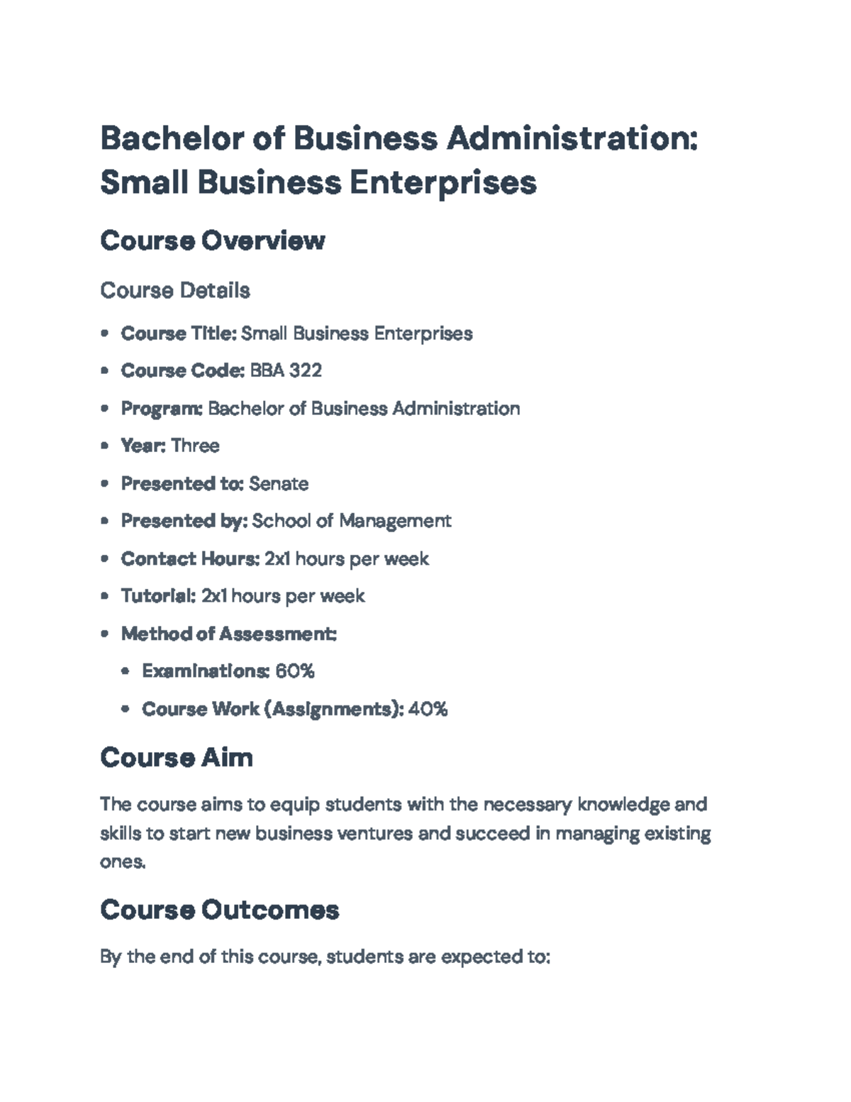 BBA 322: Course Overview for Small Business Enterprises - Bachelor of ...