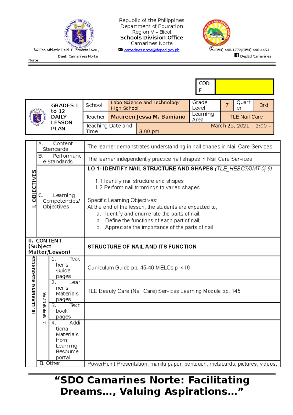 COT1 DLP TLE Nail Care Lesson Plan for Grade 7 Quarter 3 - Studocu