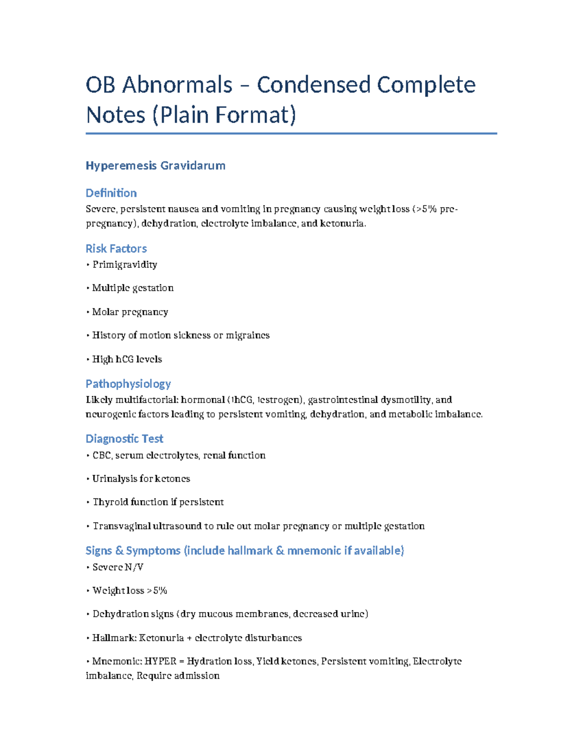 OB Abnormals: Comprehensive Notes on Pregnancy Complications - Studocu