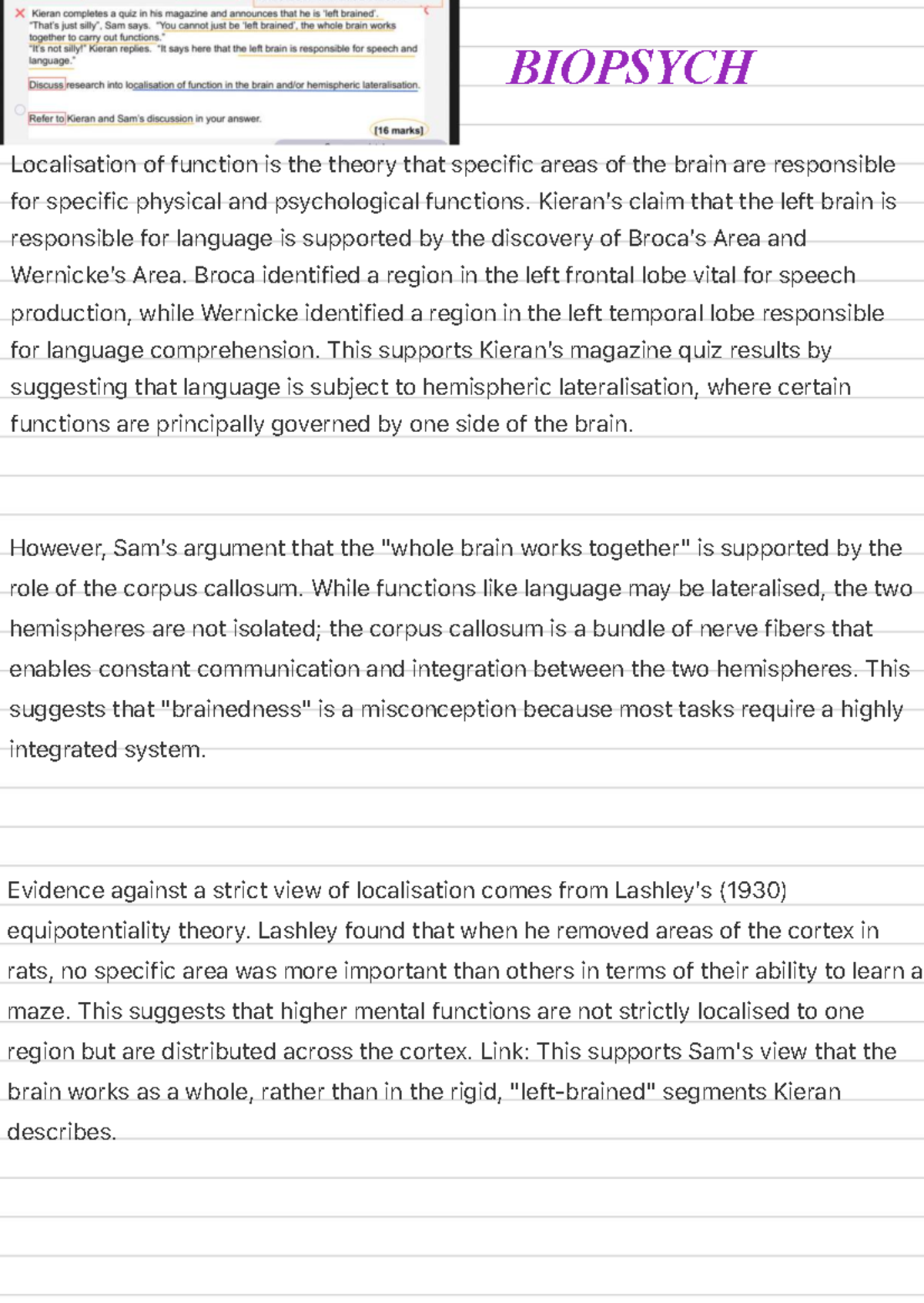 BIOPSYCH 4: Localisation of Brain Function and Its Implications - Studocu