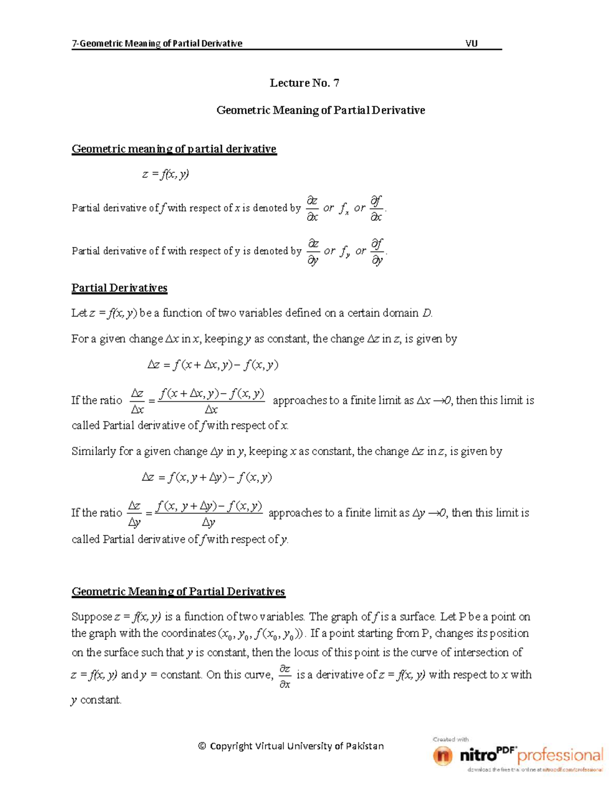 VU Lecture 7: Geometric Meaning of Partial Derivatives Explained - Studocu