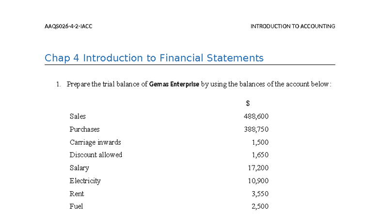 AFM - Tutorial 1: Trial Balance & Financial Statements Guide - Studocu