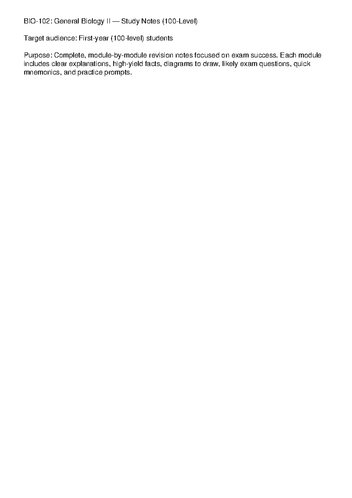 BIO-102 General Biology II Comprehensive Study Notes - Studocu