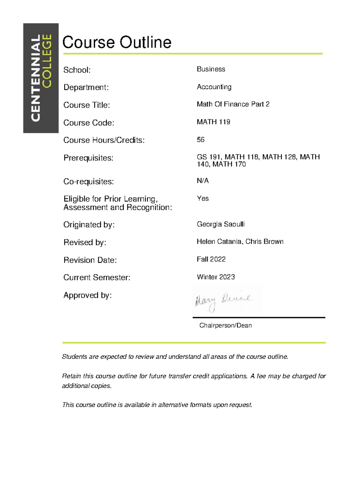 MATH 119 - Math of Finance Part 2 Course Outline and Details - Studocu
