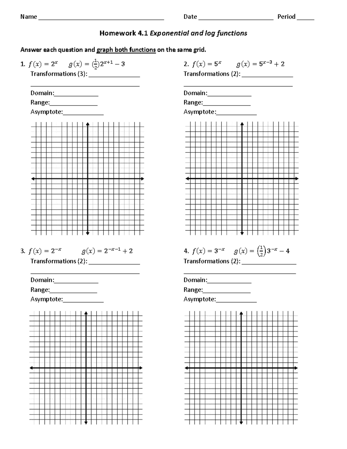 HW 4.1: Exponential & Log Functions Exercises and Graphing Tasks - Studocu