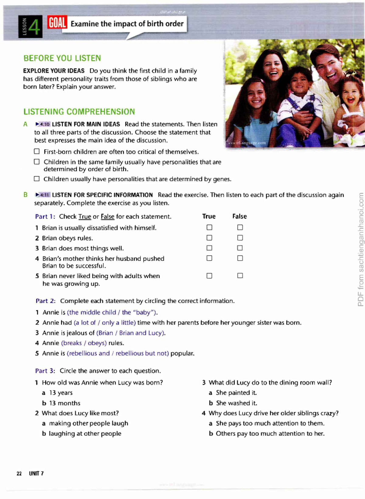 Unit 7 - Listening Comprehension on Birth Order Impacts - Studocu
