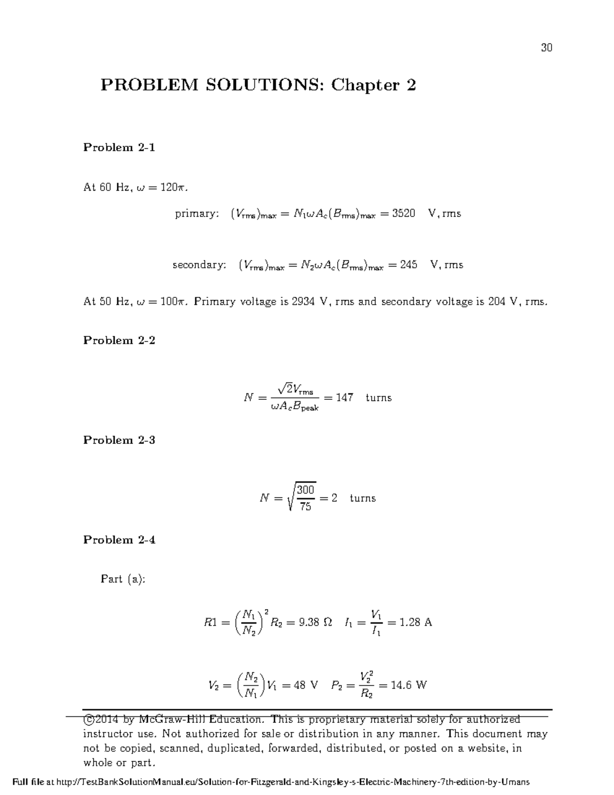 Chapter 2 Problem Solutions for Electric Machinery (7th Ed.) - Studocu
