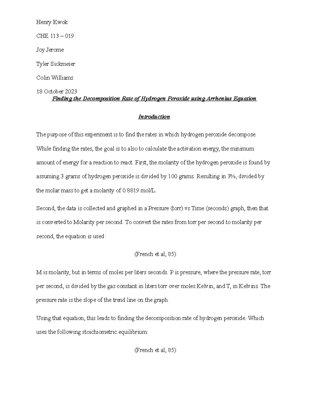 CHE 113 – 019 Final Exam: Decomposition Rate of H2O2 Using Arrhenius ...